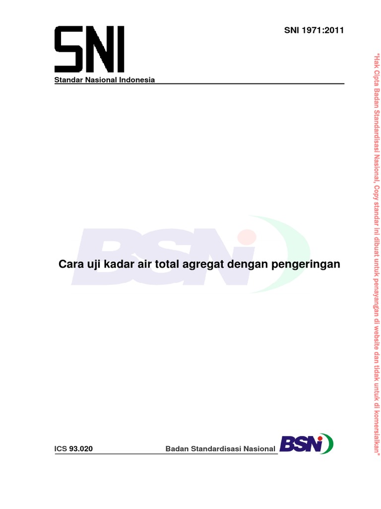 SNI-1971-2011 - Cara Uji Kadar Air Total Agregat Dengan Pengeringan | PDF