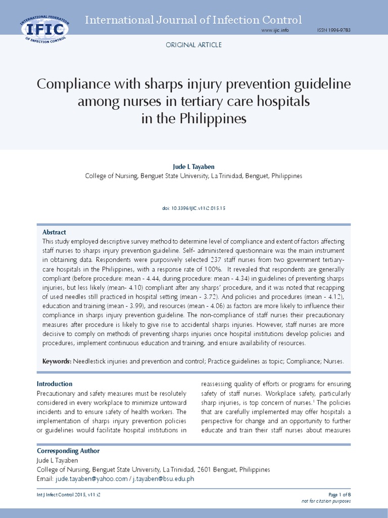 Compliance With Sharps Injury Prevention Guideline | PDF | Preventive ...