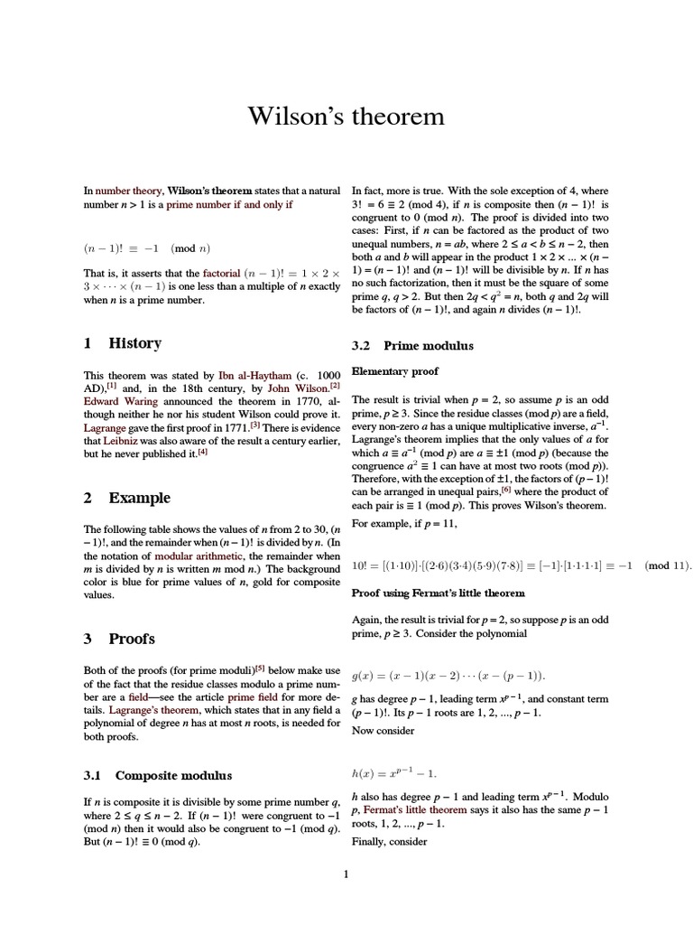 Wilson's Theorem | PDF | Prime Number | Group Theory