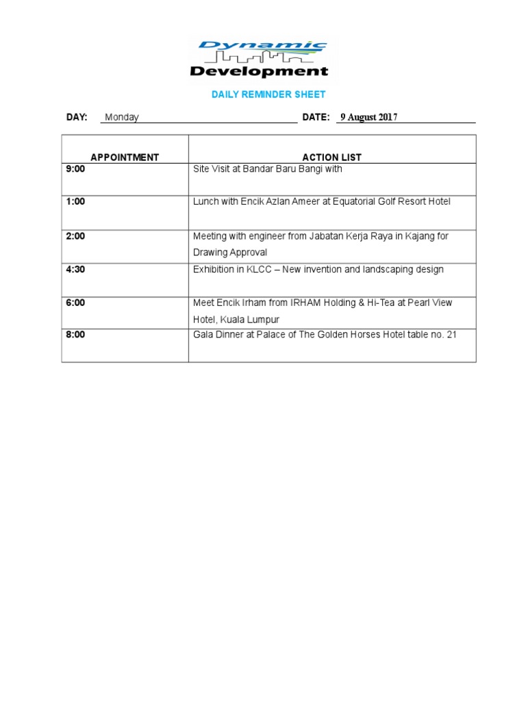 Day: Date: 9 August 2017: Daily Reminder Sheet | PDF