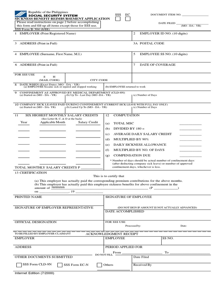 SSS Sickness Benefit Reimbursement Form | PDF | Sick Leave | Employment