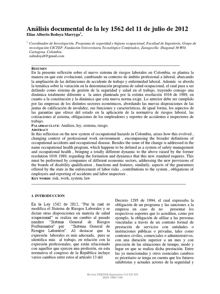 Análisis de la Ley 1562 de 2012 en Colombia | PDF | Derecho laboral ...