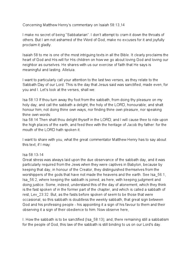 Isaiah 58 13,14 Mathew Henry | PDF | Biblical Sabbath | Sanctification