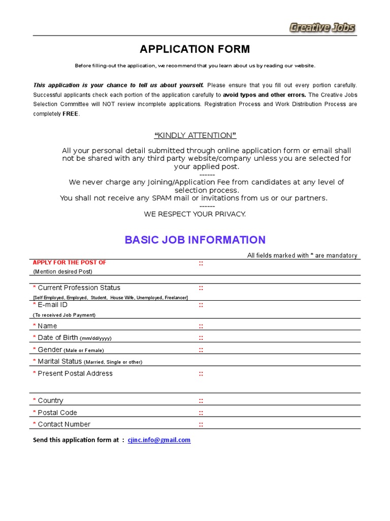 Application Form: Basic Job Information | PDF