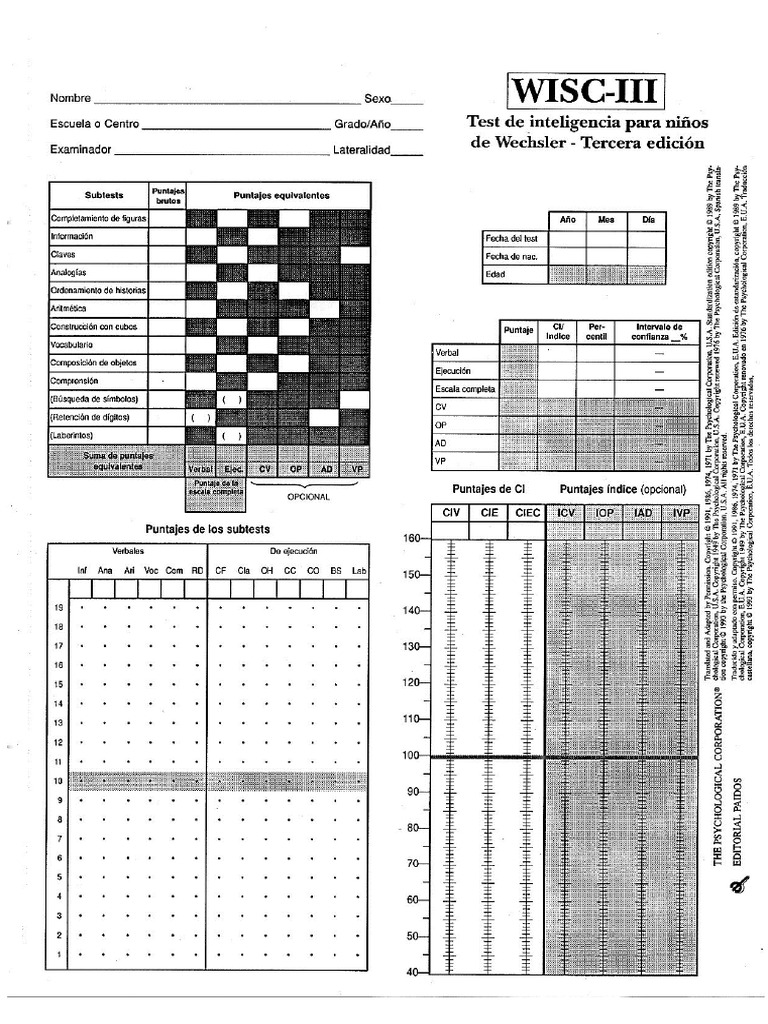 WISC III Primer Hoja (Para Completar) PDF | PDF