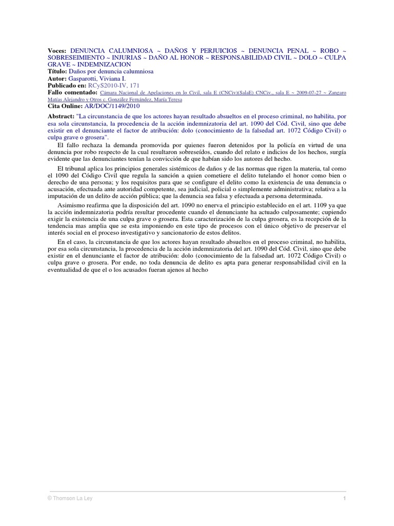 Daños Por Denuncia Calumniosa | PDF | Delito | Intención (Derecho Penal) Daños Por Denuncia Calumniosa | PDF | Delito | Intención (Derecho Penal)