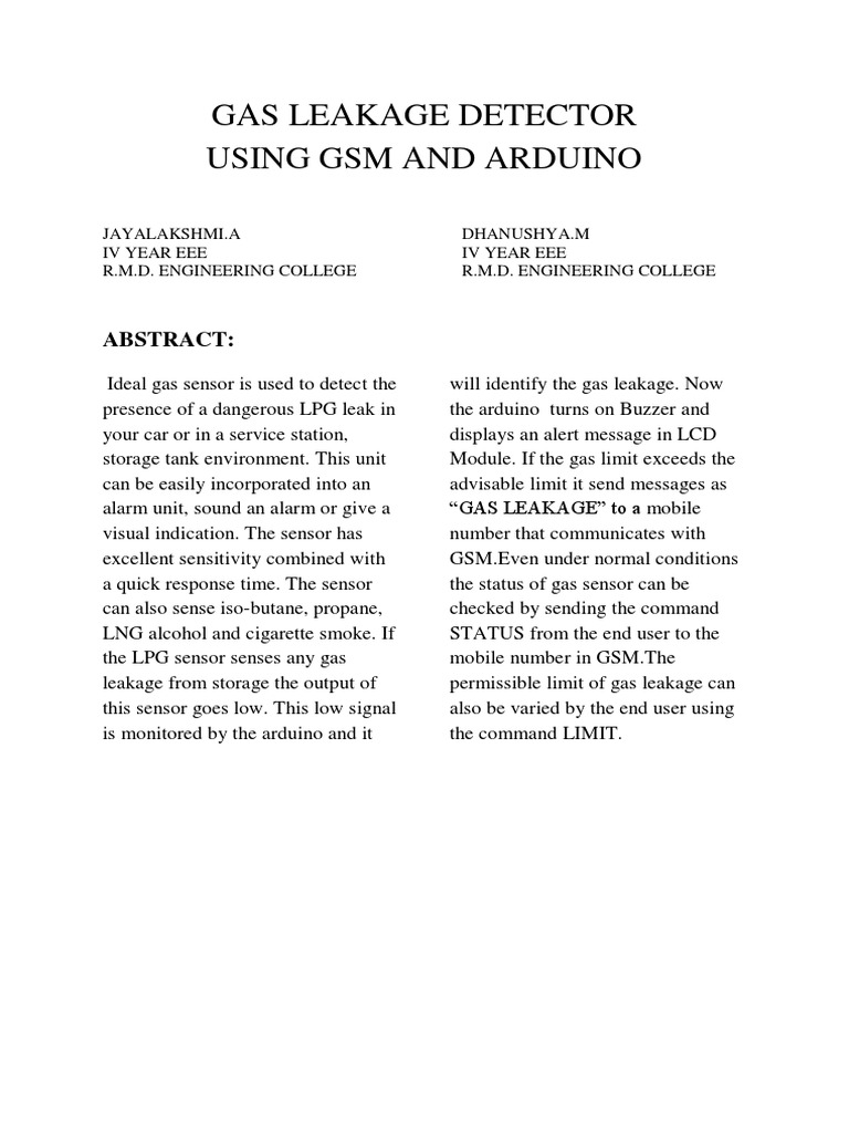 Gas Leakage Detector Using GSM and Arduino: Abstract | PDF | Technology ...