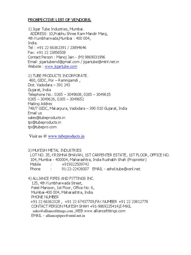 Vendor List Pipe and Fittings | PDF