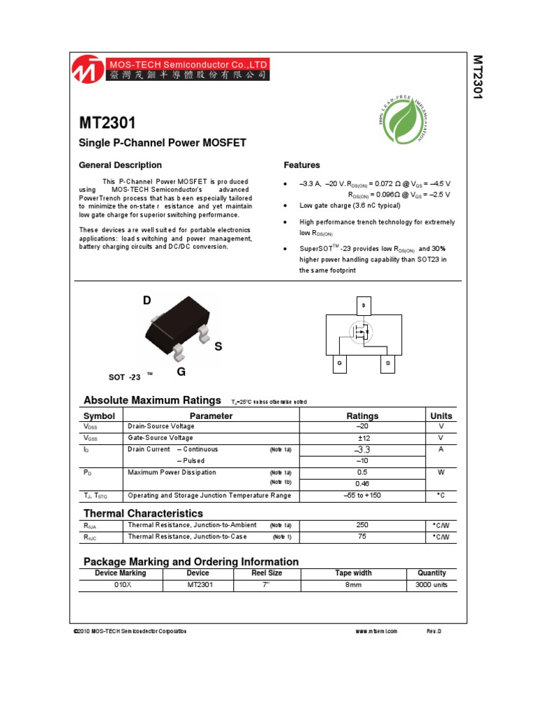 Mt2301 Mos Tech | PDF | Mosfet | Field Effect Transistor
