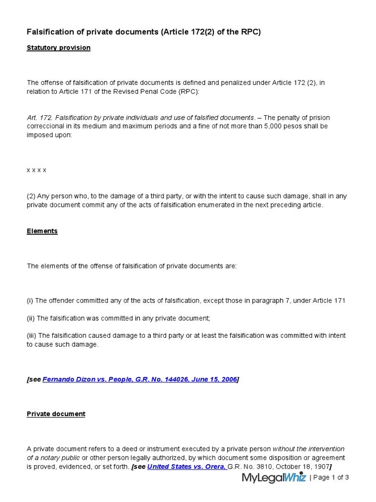 Falsification of Private Documents (Article 172(2) of the RPC ...