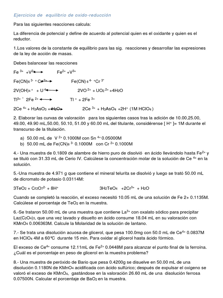 Ejercicios de Equilibrio de Oxido Reduccion | PDF | Redox | Hierro