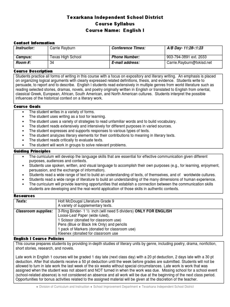 English 1 Regular Syllabus | PDF | Homework | Communication