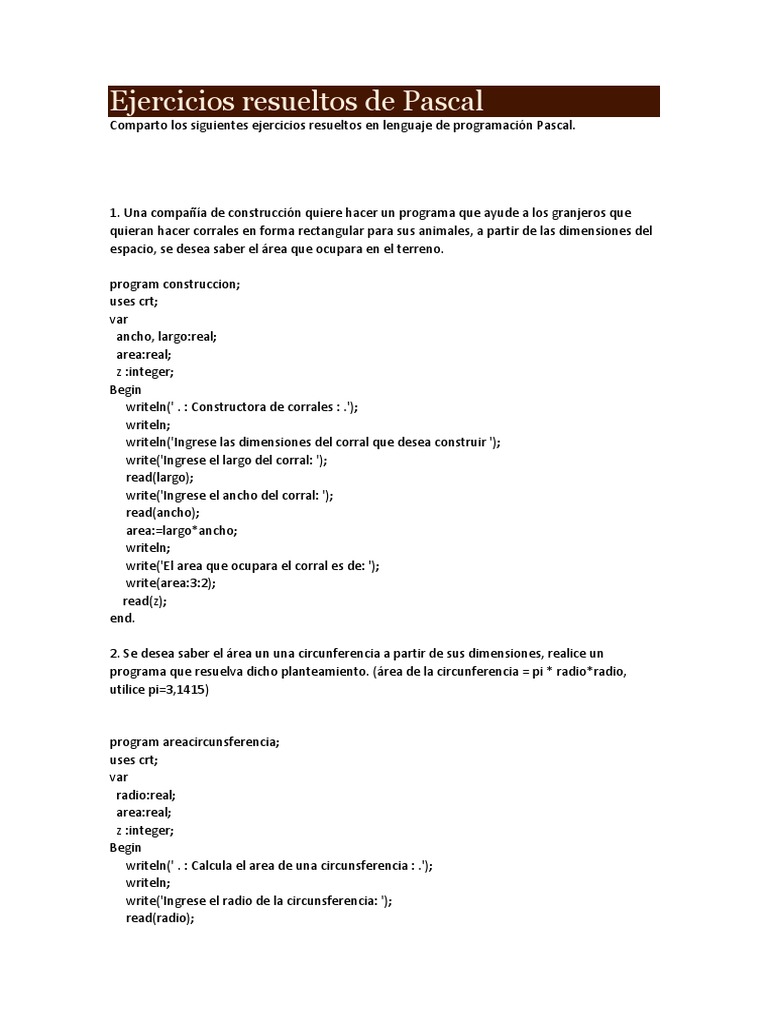 Ejercicios Resueltos de Pascal | PDF | Tipo de datos | Lenguaje de programación