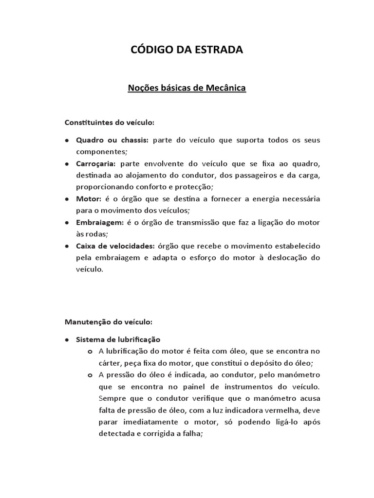 Código Da Estrada - Noções Básicas de Mecânica | PDF | Freio ...