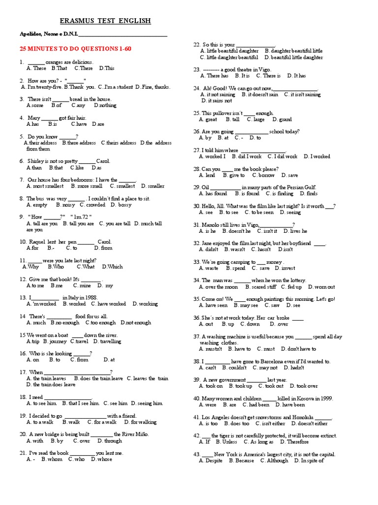 Modelo Test Erasmus Ingles