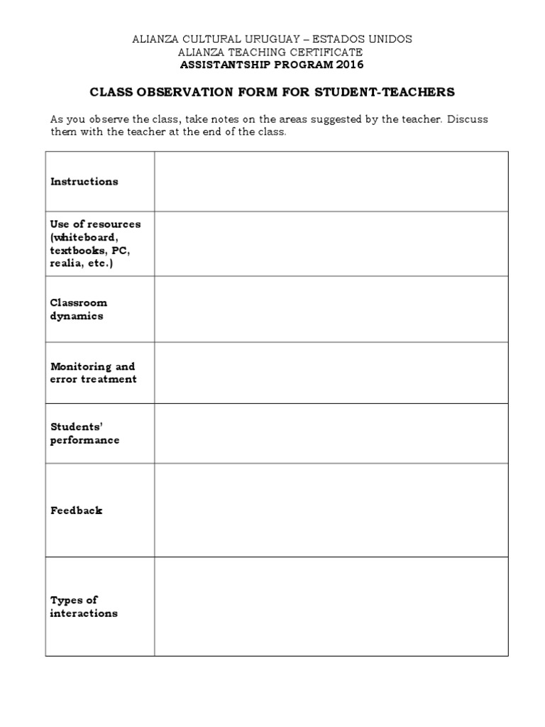 Class Observation Form for Teachers | PDF