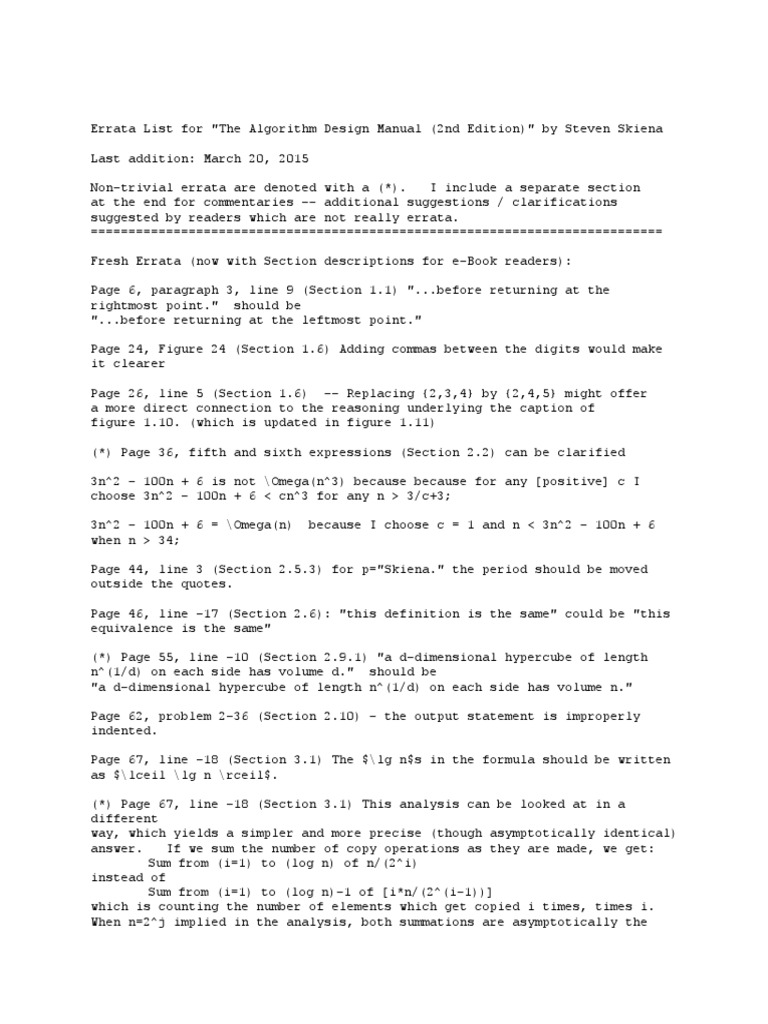 Errata List For Algorithm Manual Skiena | PDF | Summation | Vertex ...