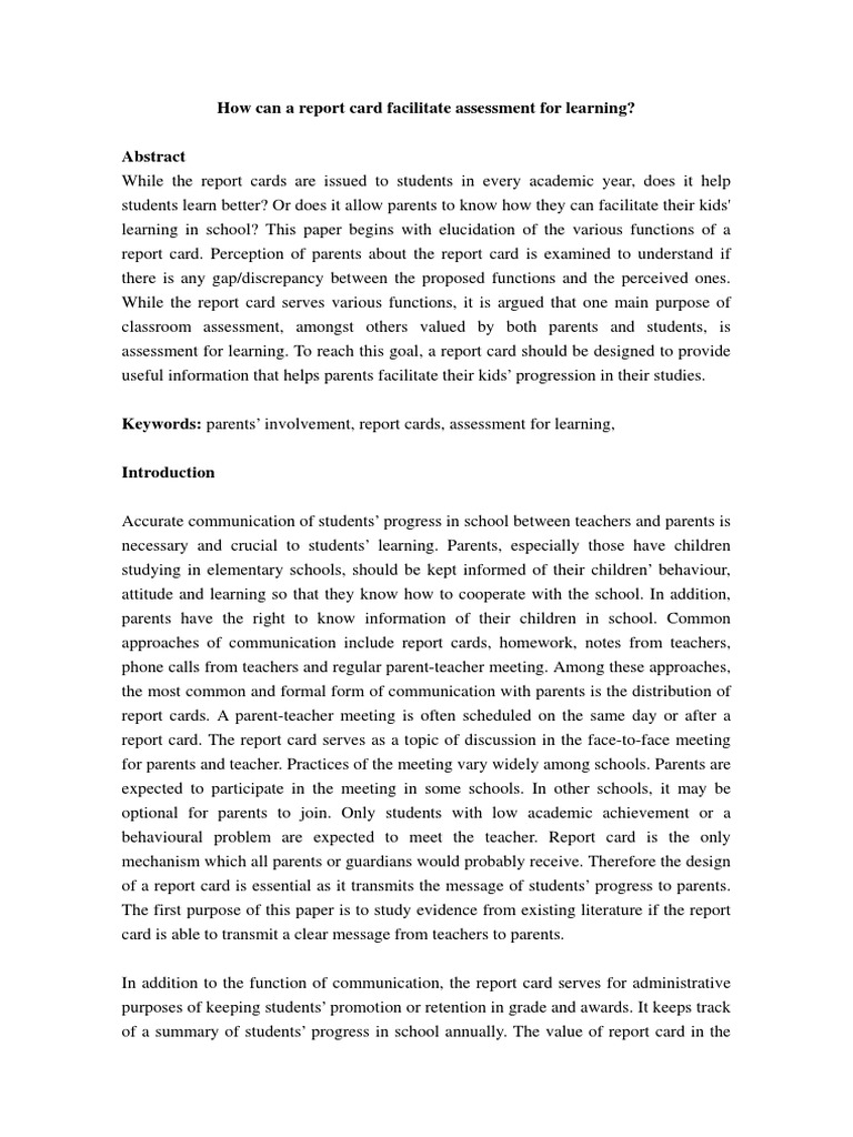 How Can A Report Card Facilitate Assessment For Learning? | PDF ...