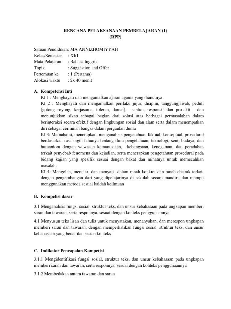 RPP 1 Kelas 11, Suggestion and Offer - Docx - 1 | PDF