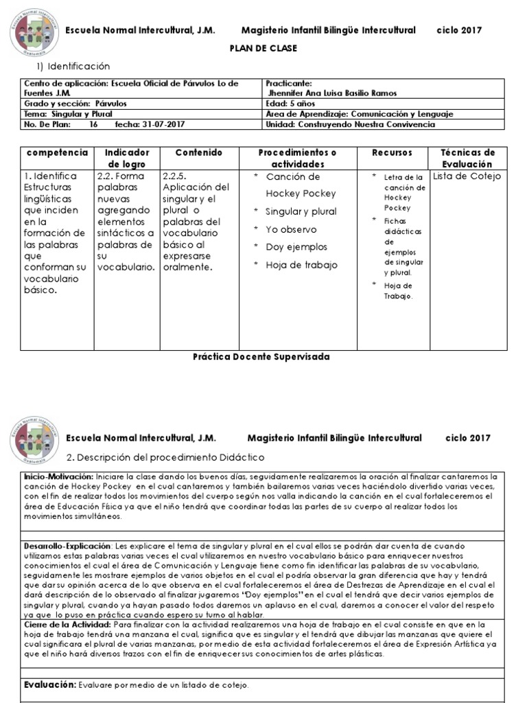 Plan de Clase: Singular y Plural 5 Años | PDF | Maestros | Aprendizaje