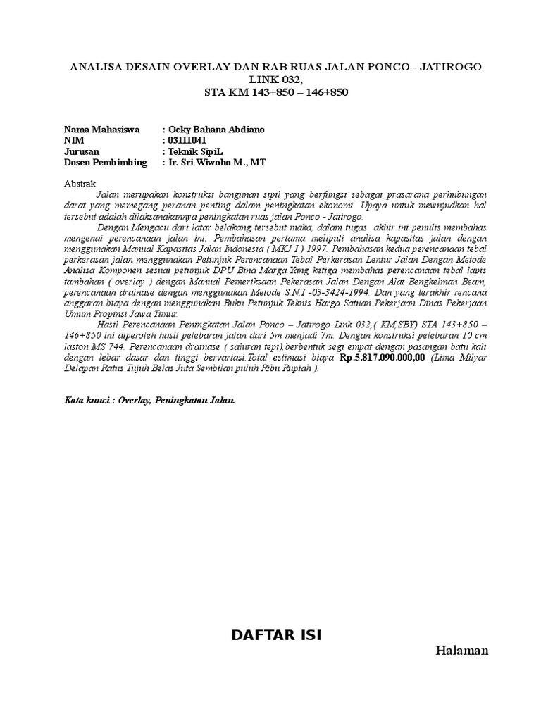 Analisa Desain Overlay Dan Rab Ruas Jalan Ponco Jatirogo | PDF