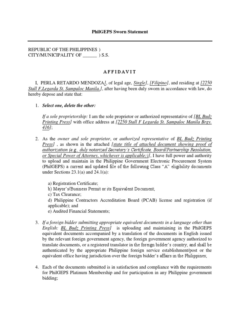 PhilGEPS Omnibus Sworn Statement Template | PDF | Sole Proprietorship ...