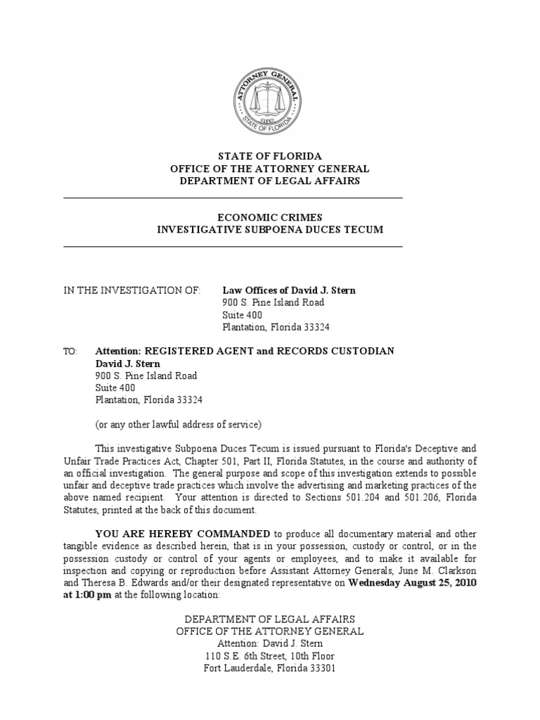 David J Stern AG Subpoena | PDF | Wisconsin Circuit Courts | Service Of ...