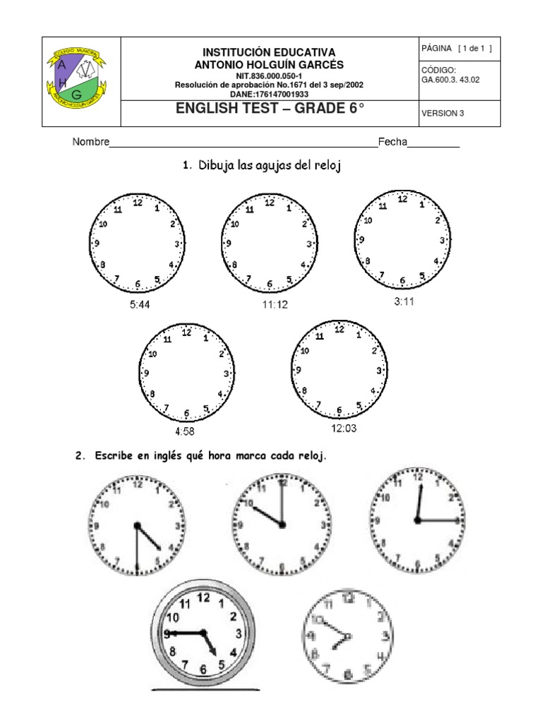 Evaluación Hora en Ingles | PDF