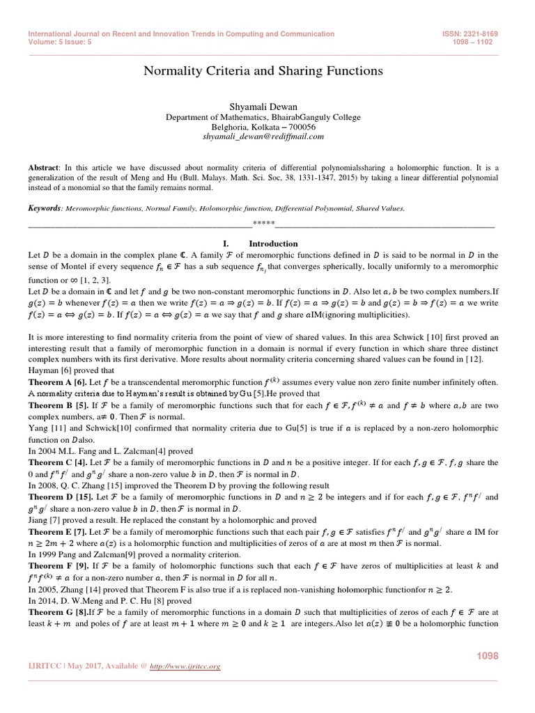 Normality Criteria and Sharing Functions | PDF | Fourier Transform | Complex Number