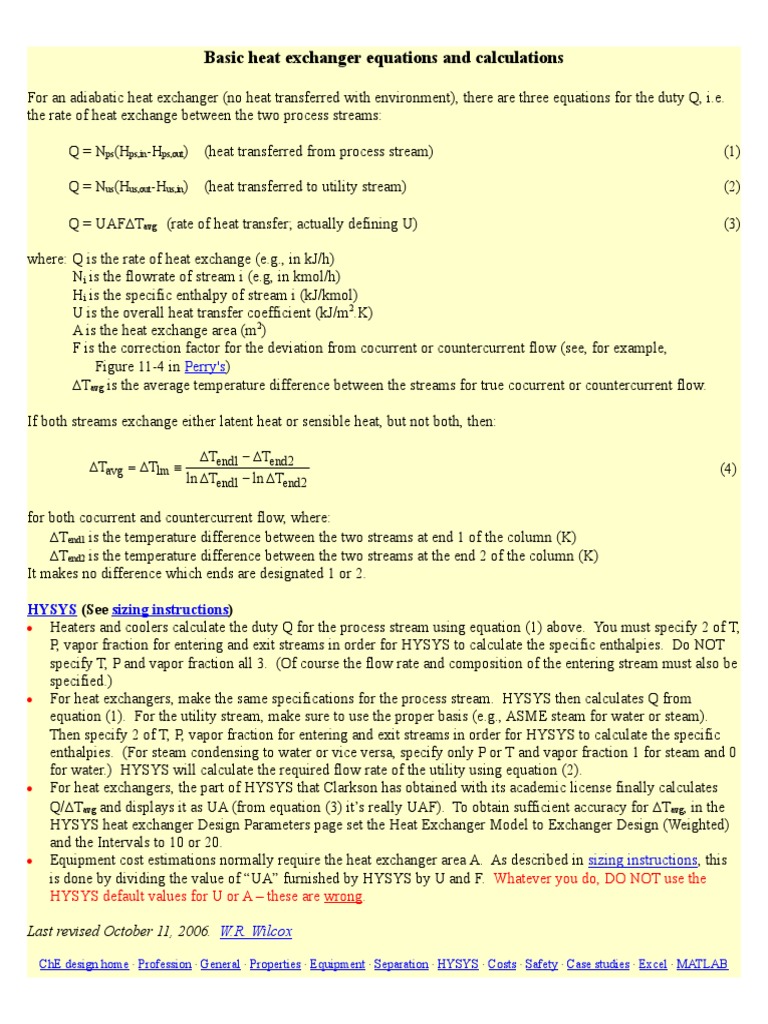 Basic Heat Exchanger Equations and Calculations: Perry's | PDF | Heat ...