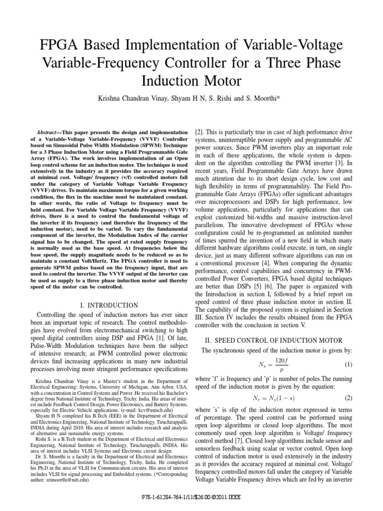 Fpga Based Implementation Of Variable Voltage Variable Frequency Controller For A Three Phase