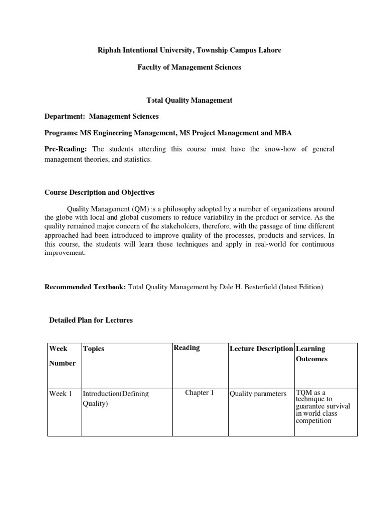 TQM (New Course Outline) - Riphah International University | PDF ...