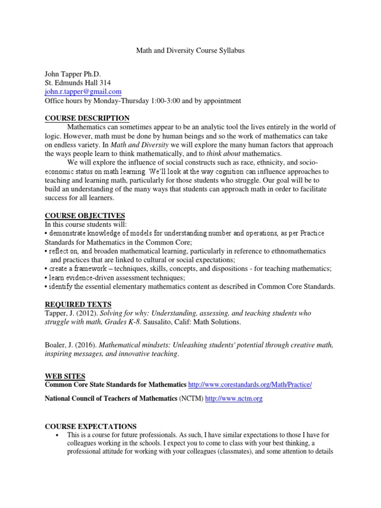 Math and Diversity Course Syllabus FA17 | PDF | National Council Of ...