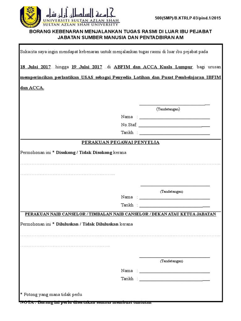 Borang Kebenaran Menjalankan Tugas Rasmi Di Luar Ibu Pejabat | PDF