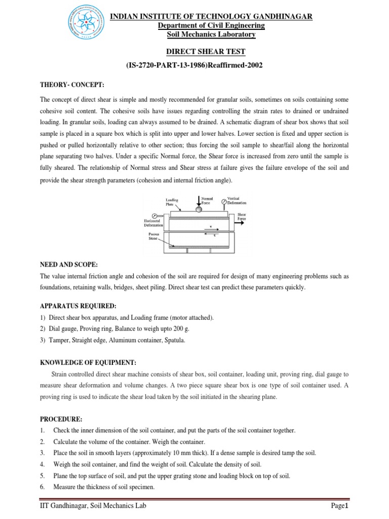 Direct Shear Test - Lab Manual | PDF | Soil Mechanics | Stress (Mechanics)