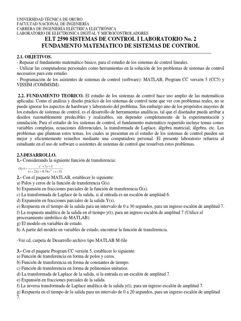 Sistemas de Control Lab2 | PDF | Sistema de control | Matlab