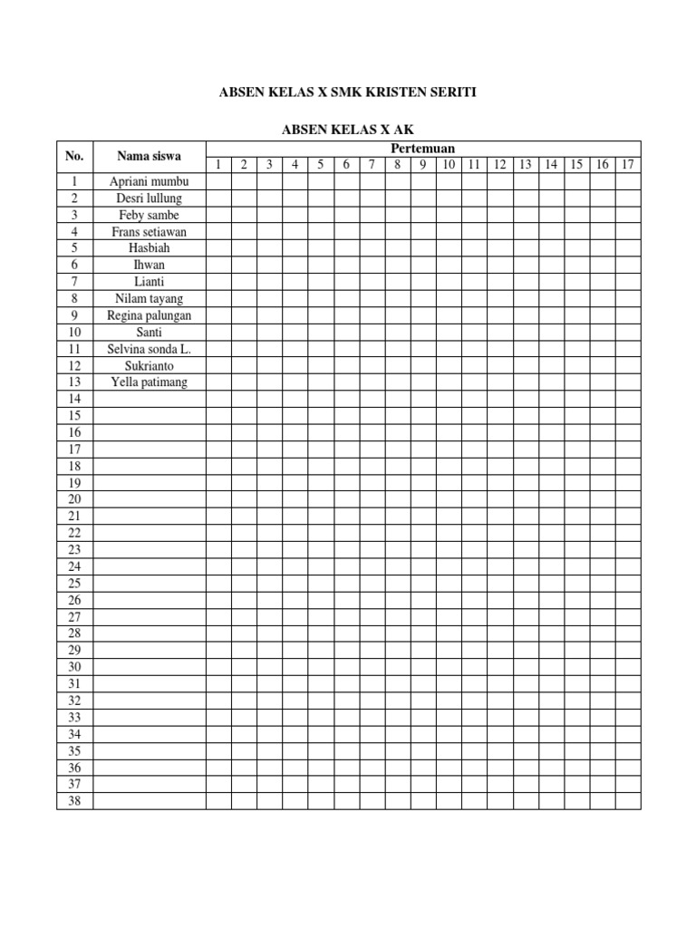 Contoh Absen Kelas X | PDF