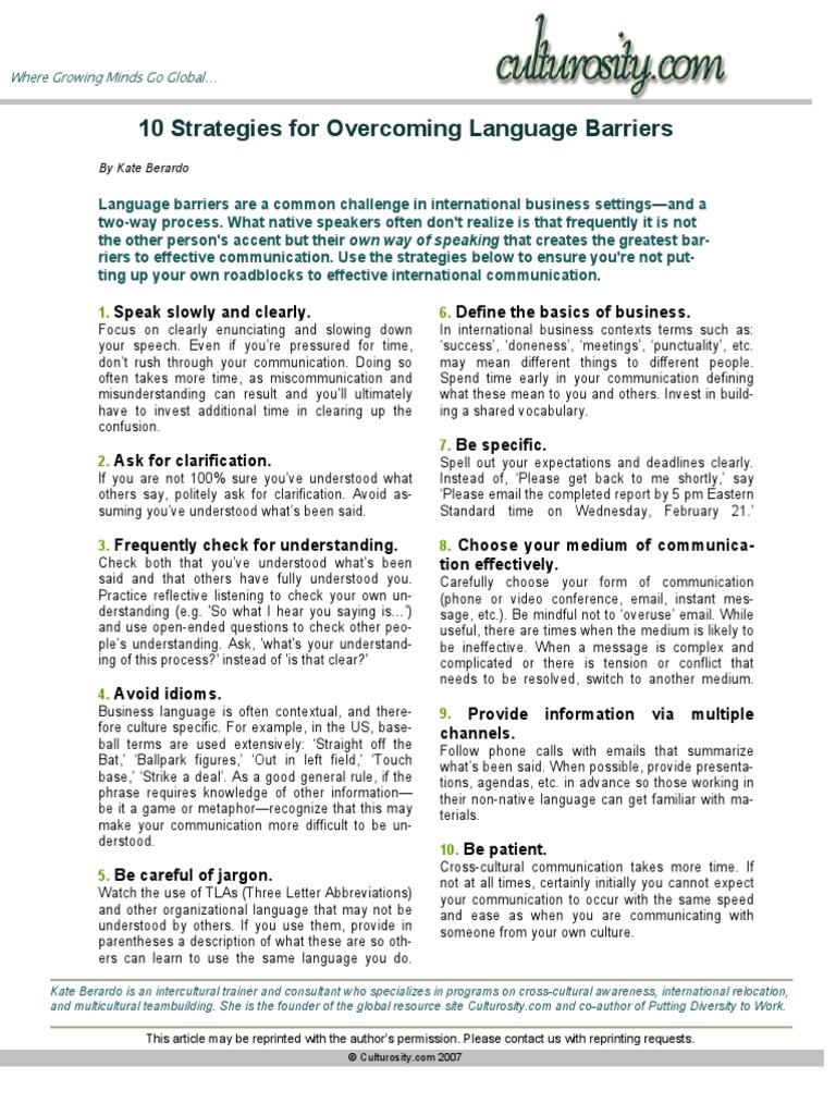 10 Strategies For Overcoming Language Barriers PDF