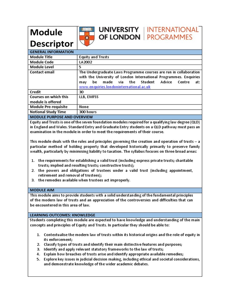 Equity and Trusts Module Descriptor | Download Free PDF | Trust Law | English Trust Law