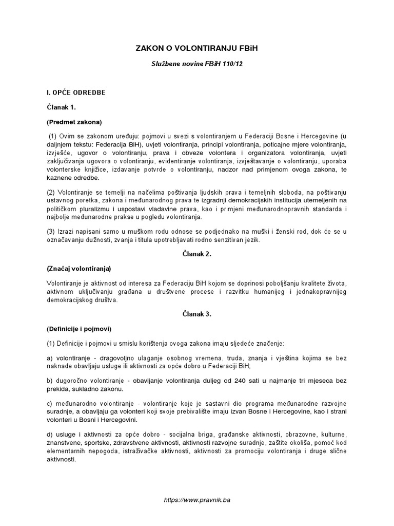 Zakon o Volontiranju Fbih | PDF