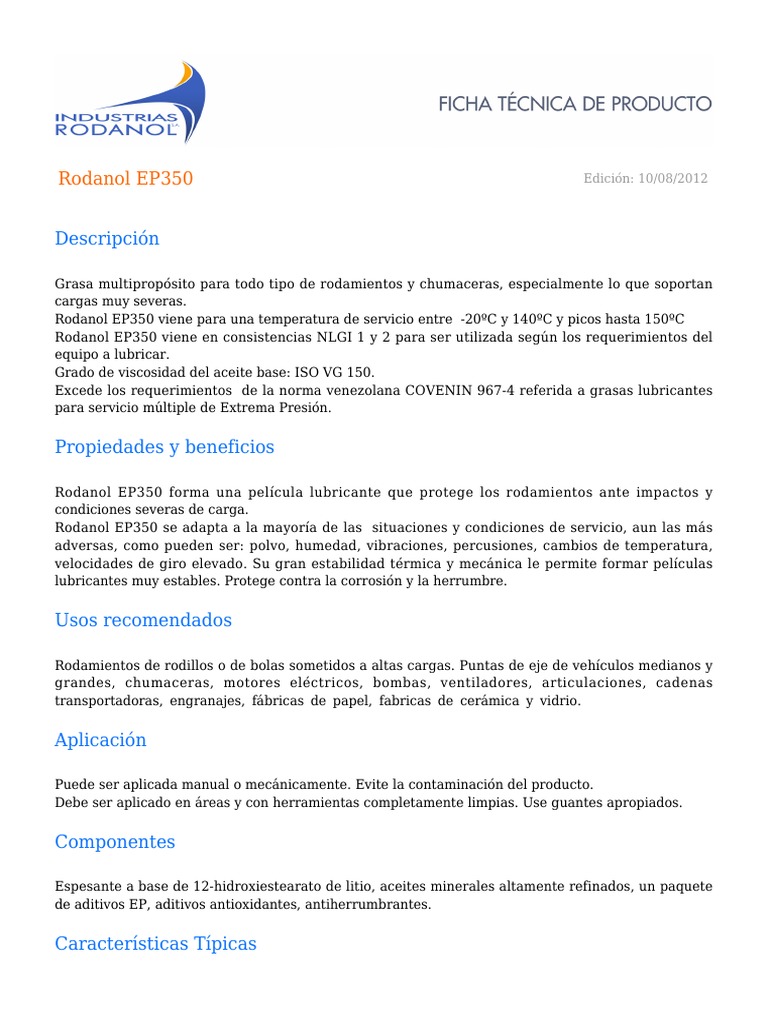 Grasa FT - Rodanol Ep350 | PDF | Lubricante | Sustancias químicas