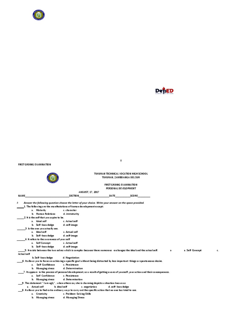 1st Grading Exam Perdev With TOS | PDF | Self | Emotions