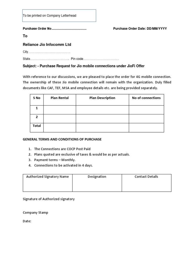 Sample Purchase Order Format Sim | PDF