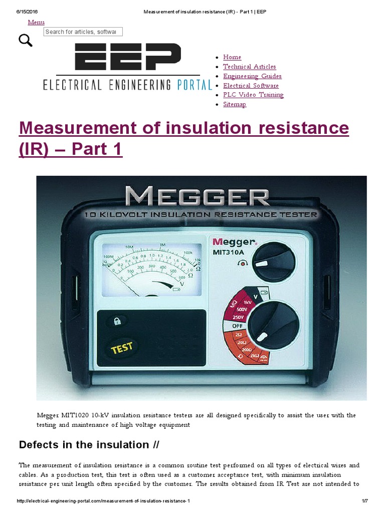 Measurement of Insulation Resistance (IR) - Part 1 - EEP PDF | Download ...