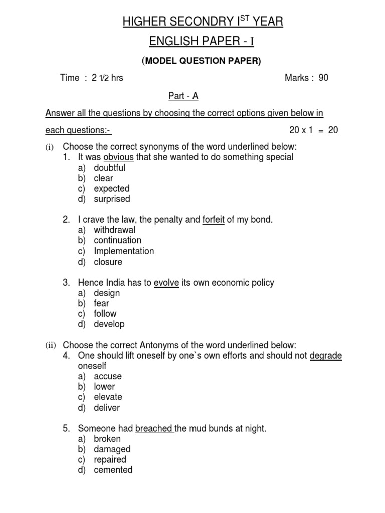 English Paper I 11th Model Question Paper | PDF | Verb | Adverb
