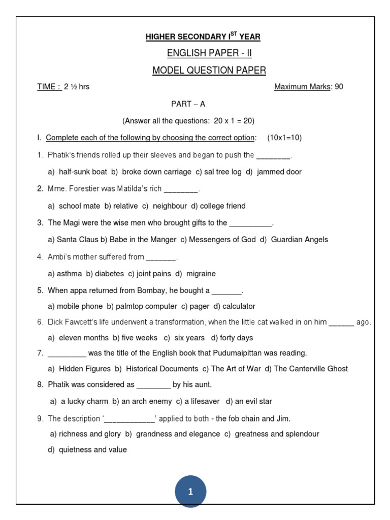 Class 11 English Model Question Paper | PDF | Ant | Nest