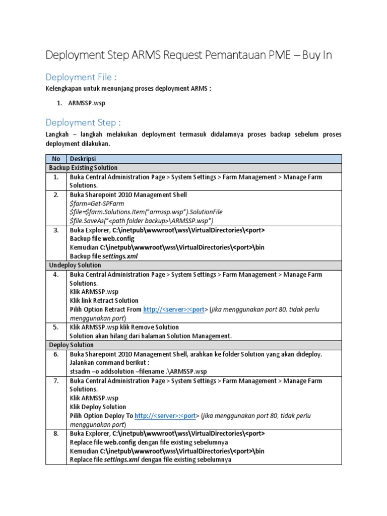 Deployment Step ARMS Request Pemantauan PME - Buy in | PDF