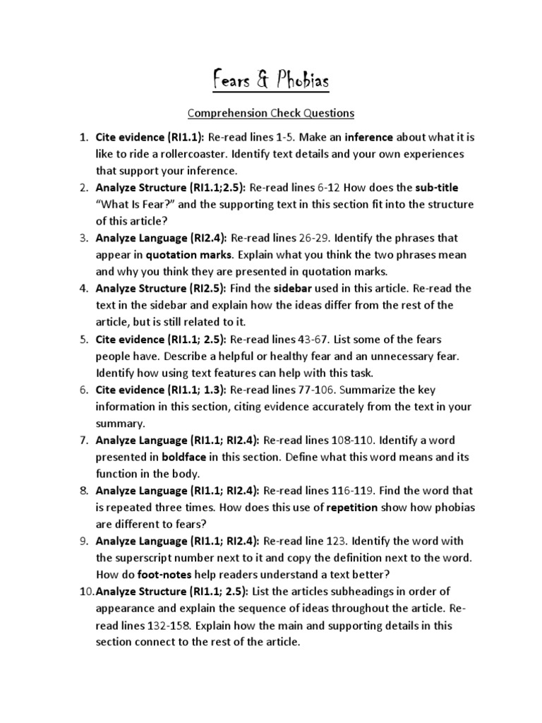 Fears and Phobias Comprehension Check Questions | PDF