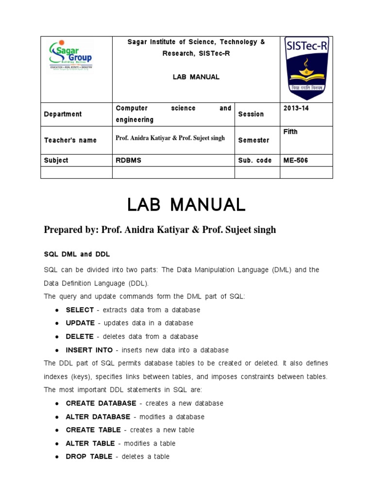 SQL Lab Manual for CS Students | PDF | Pl/Sql | Sql