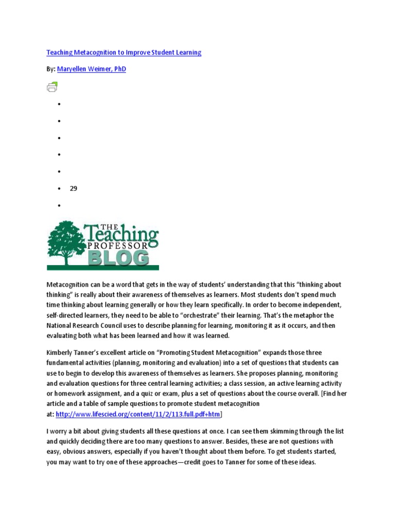 Teaching Metacognition To Improve Student Learning | PDF ...